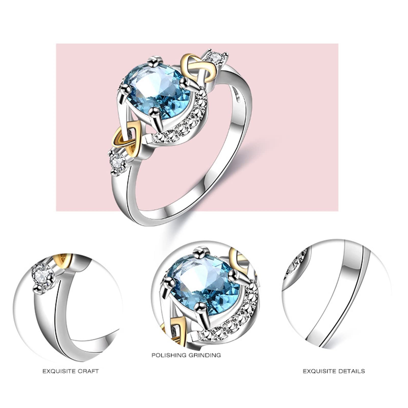 Daesar Womens Engagement Rings, 18K White Gold Plated Ring For Women Oval Blue Cubic Zirconia Wedding Ring Knot Heart Ring Size 7