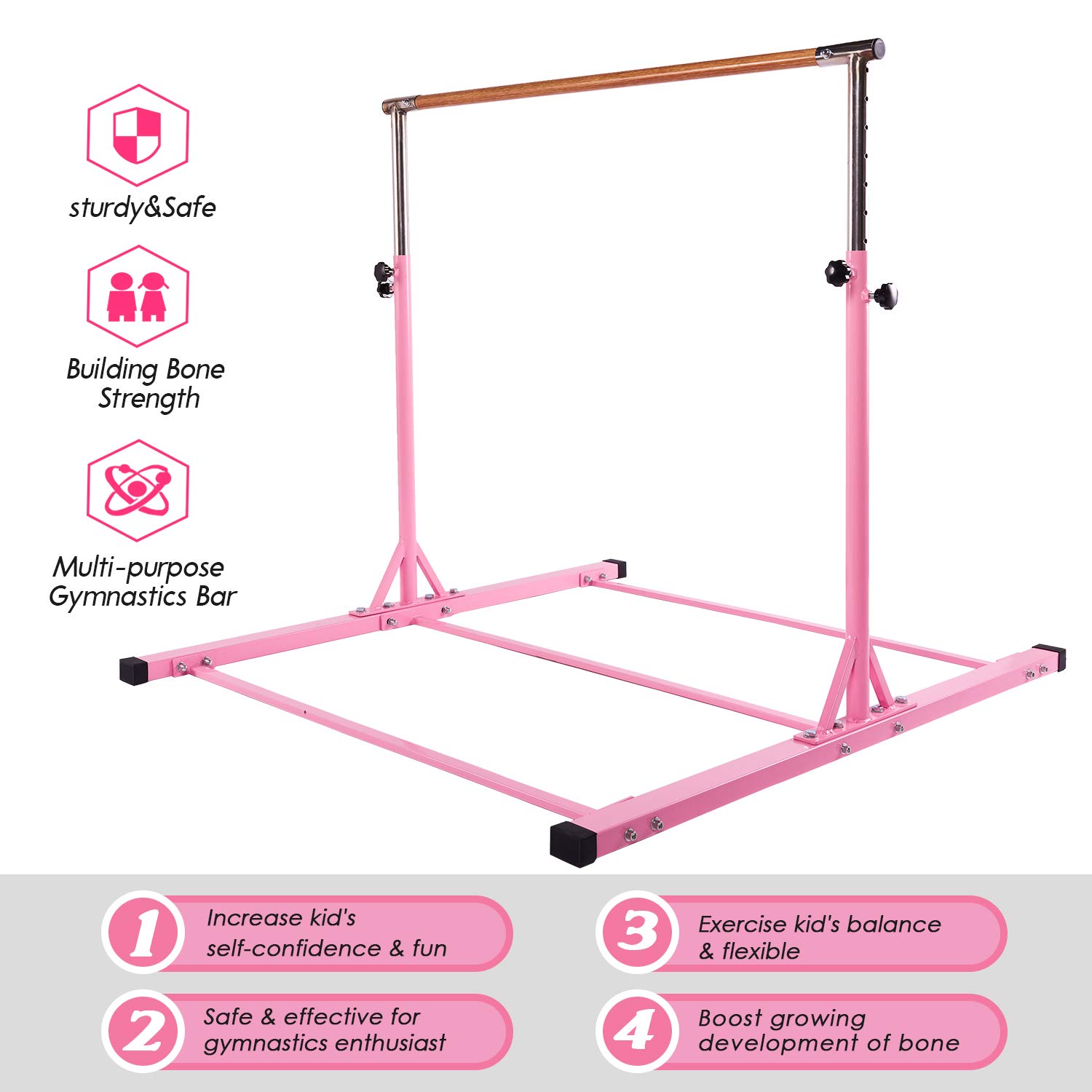 Dai&F Gymnastics Bar for Kids, Adjustable Height 3'-5' Junior Gymnastics Bars for Home, Horizontal Training Bar with Fiberglass Rail & Stainless Steel Regulating Arms