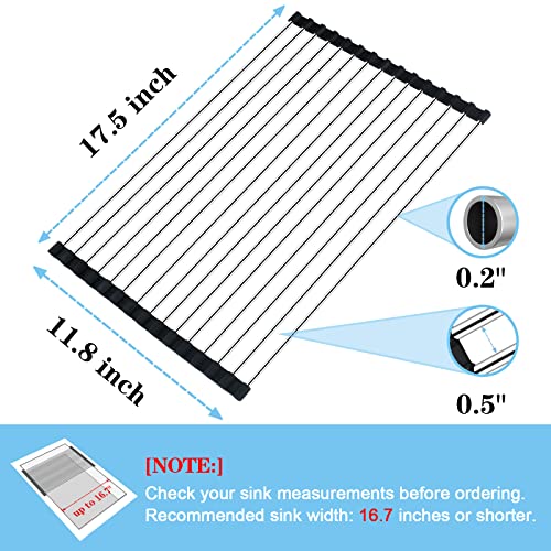 Seropy Roll Up Dish Drying Rack Over The Sink for Kitchen Organizer Rolling Dish Rack Over Sink Mat, Foldable Dish Drainer Stainless Steel Sink Rack Kitchen Organization Gadgets Gray and Black