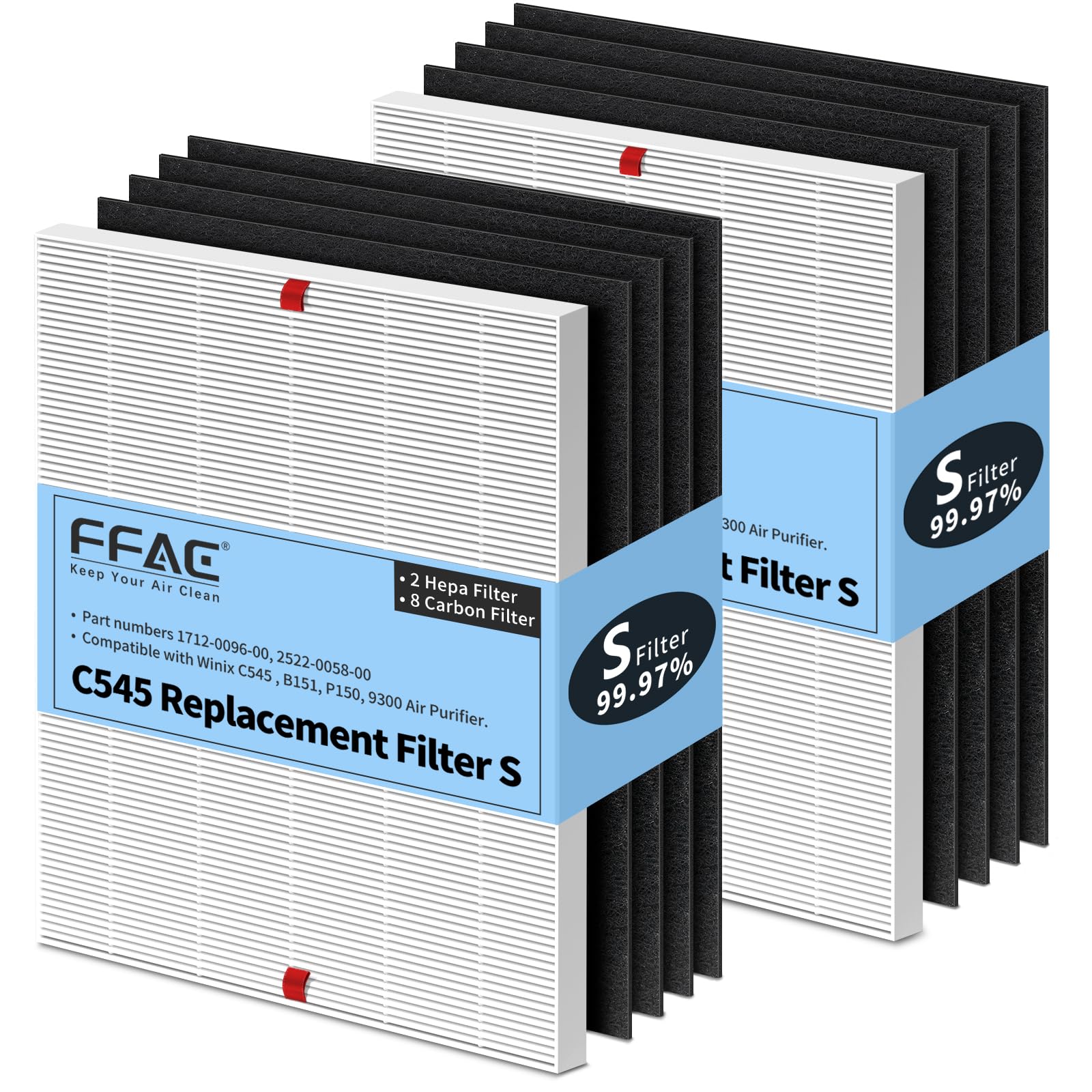 FFAC C545 HEPA Replacement Filter Compatible with Winix C545 Air Purifier, for Winix C545 Replacement Filter, Part# 1712-0096-00 and 2522-0058-00, 2 H13 True HEPA Filter & 8 Activated Carbon Filters