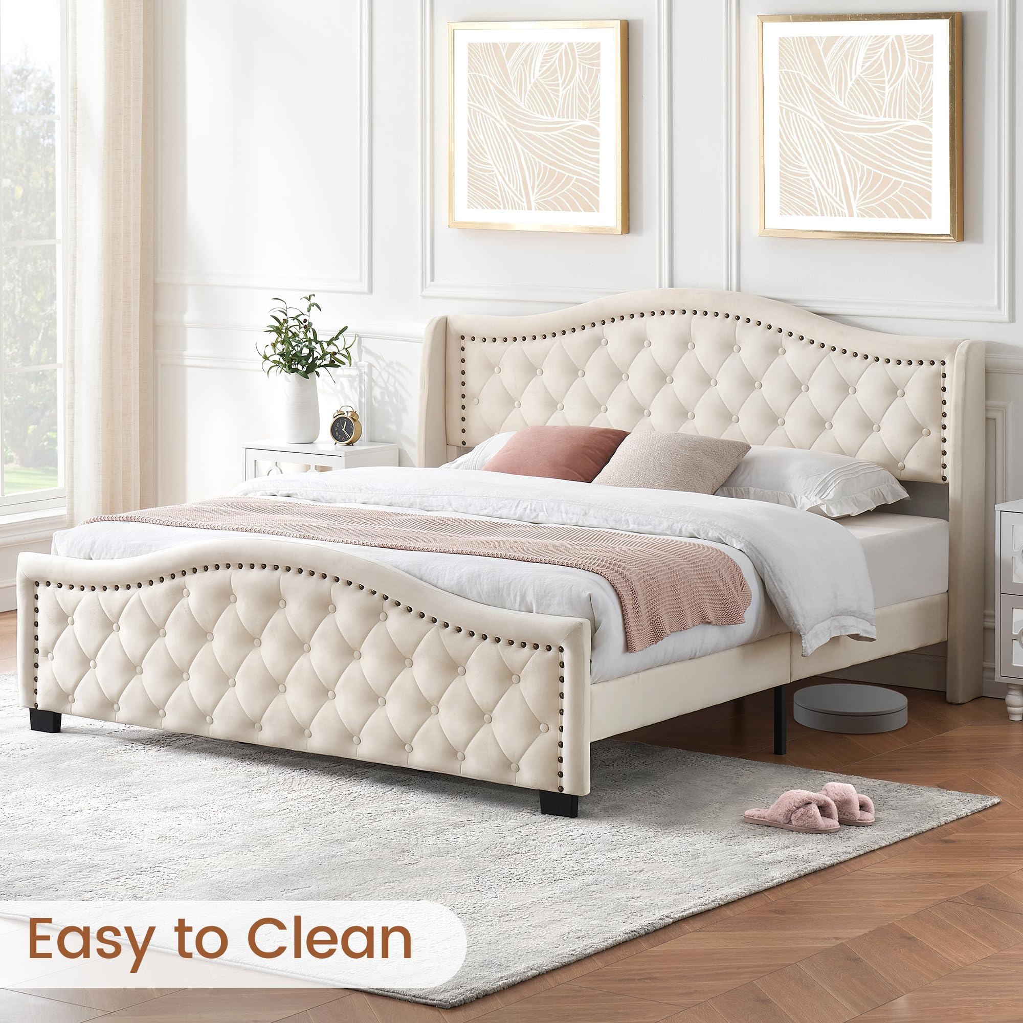 IDEALHOUSE King Size Upholstered Platform Bed Frame with Tall Headboard 47.2", King Bed with Velvet Button Tufted & Nailhead Trim Wingback Headboard, Luxurious Arched Footboard, Beige