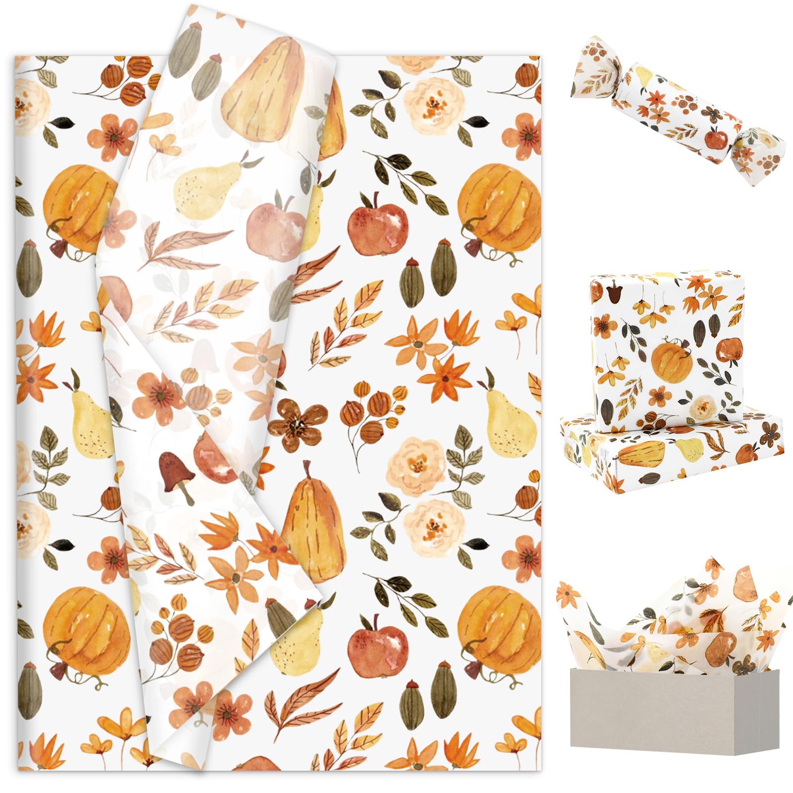 JarThenaAMCS 100 Sheets Fall Tissue Paper Fruit Floral Leaves Pumpkin Gift Wrapping Paper Vintage Decorative Art Paper for Autumn Home Party DIY Crafts Supplies, 14 x 20 Inch