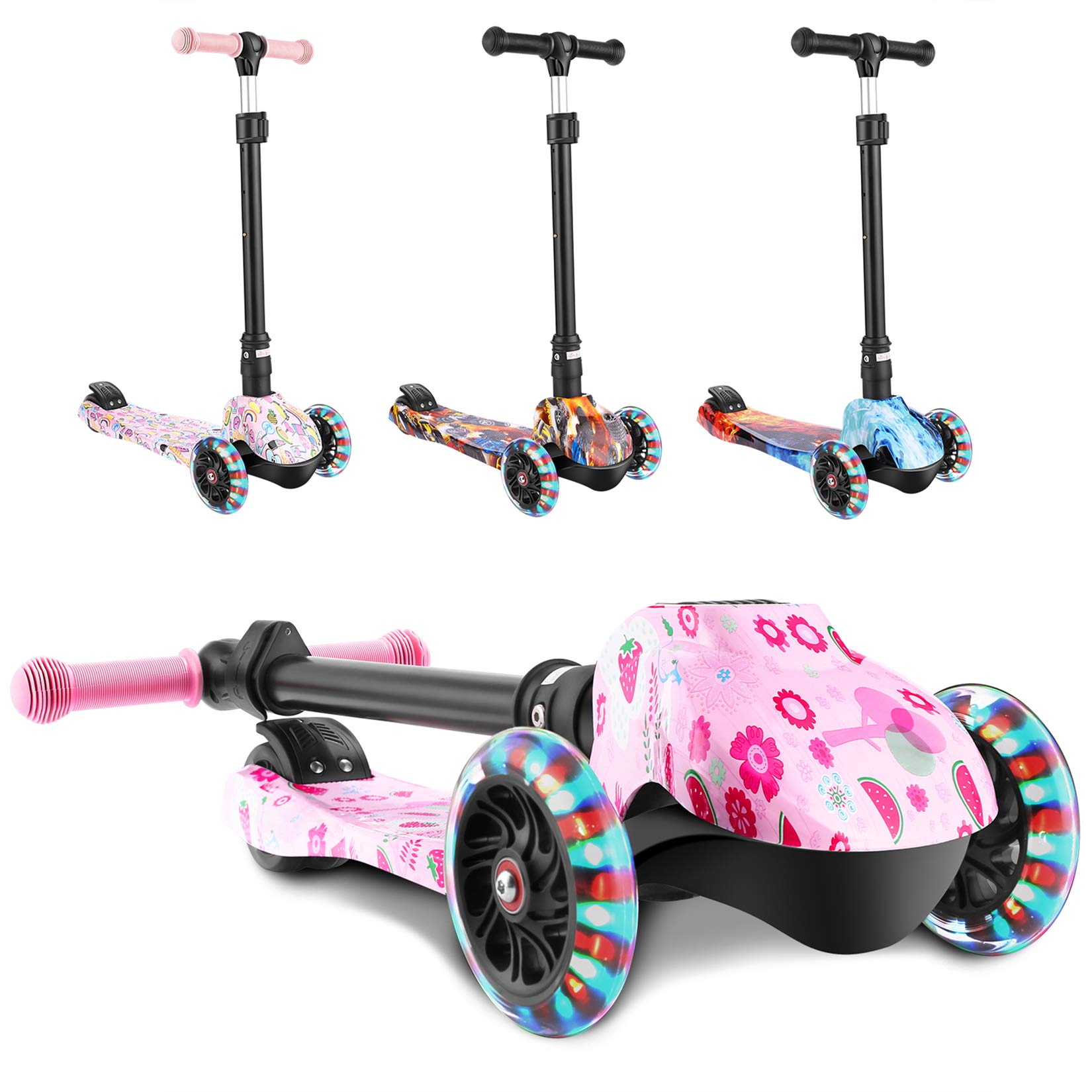 WeSkate Scooter for Kids, Foldable Scooter for Toddlers Girls & Boys with LED Lights Up Scooters Wheels, Adjustable Height Scooter for Children Age 3-12