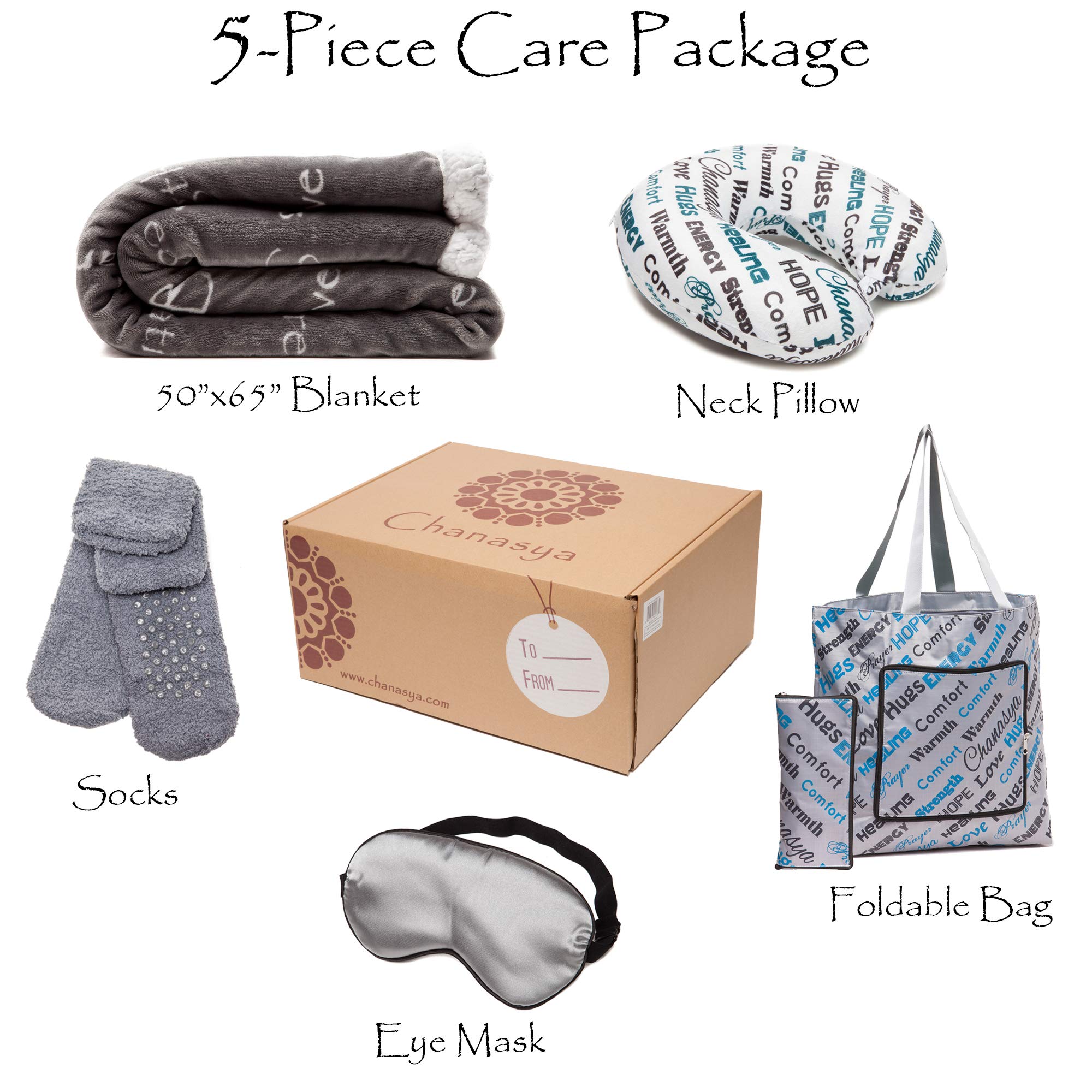 Chanasya Premium Care Gift Package - Throw Blanket, Neck Pillow, Eye Mask, Tote Bag, Socks - 50β x 65β - 5-Piece Set, Gray