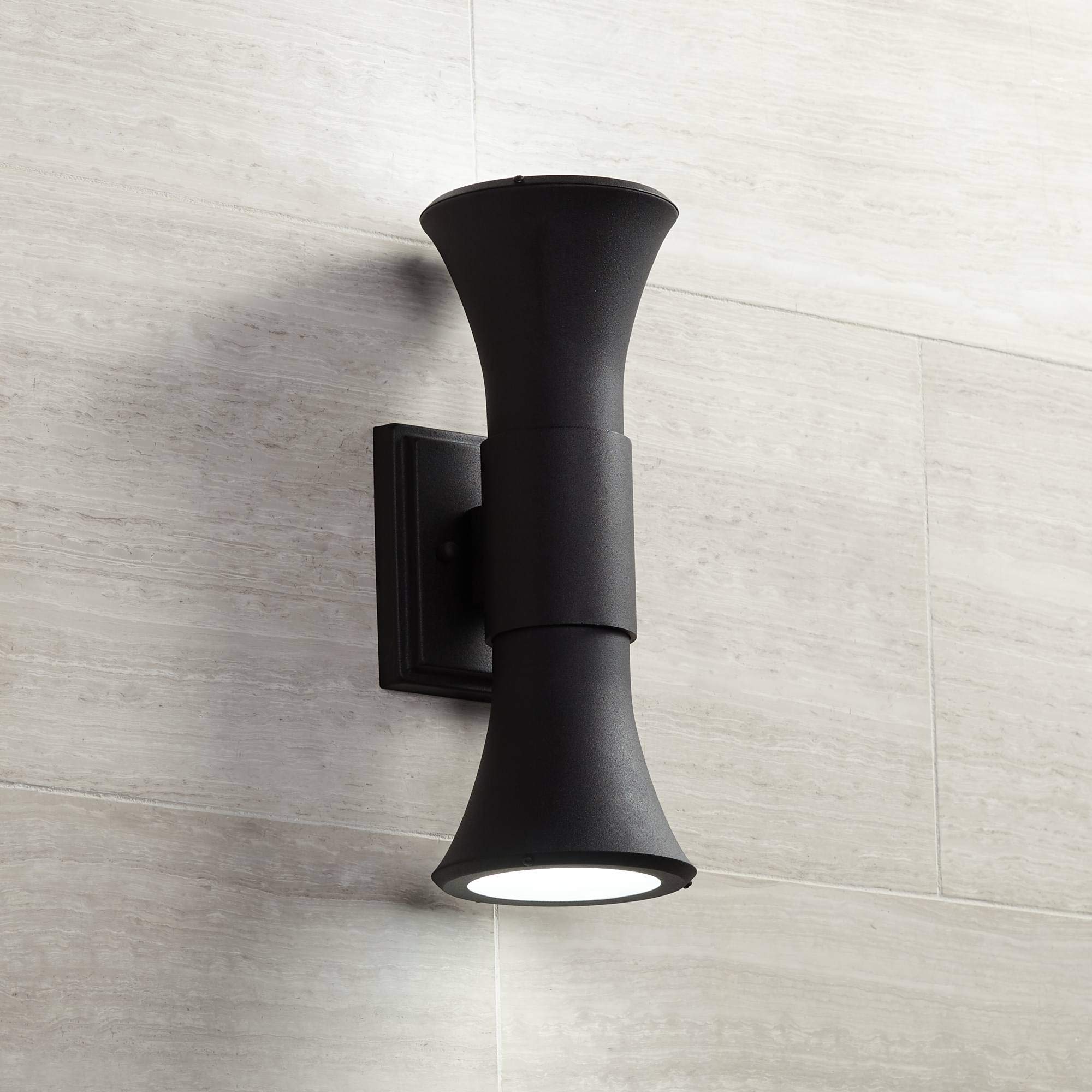 Possini Euro Design Joan Modern Outdoor Wall Light Fixture LED Textured Black Aluminum 14" Sanded Glass Up Down for Exterior House Porch Patio Outside Deck Garage Yard Front Door Garden Home
