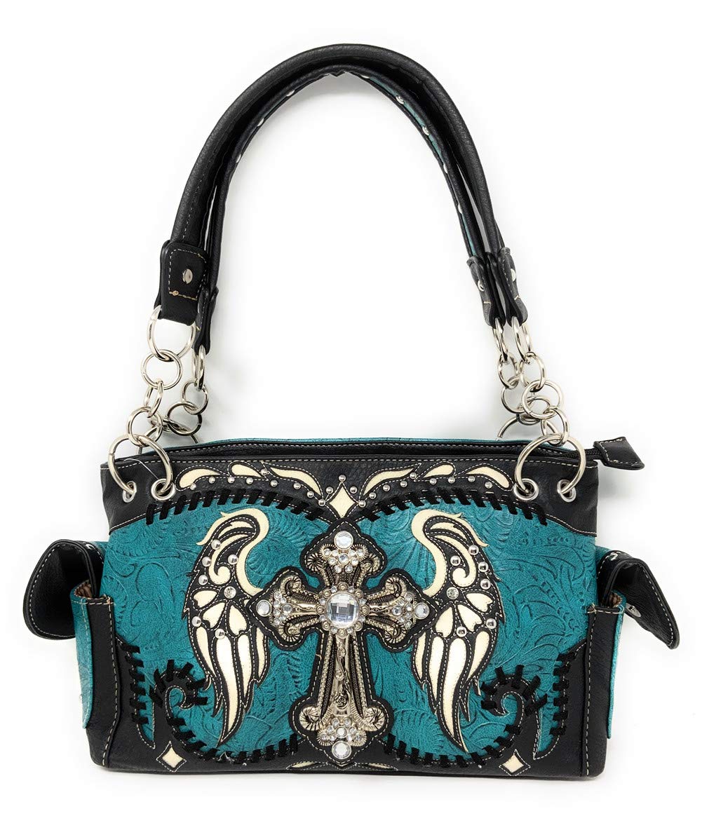 Western Tooled Leather/Laser Cut Bling Rhinestone Cross Wings Handbag Purse and Wallets in 5 Colors (Black Red Handbag)