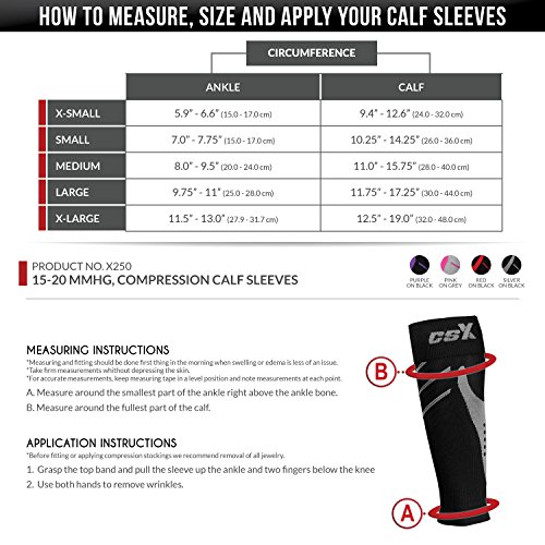 CSX 15-20 mmHg Compression Sleeve for Men and Women, Leg Calf Support, Athletic Sport Fit, Red on Black, Medium