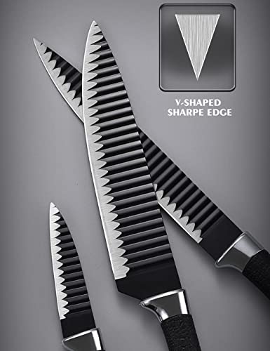 GAJING 6PCS Non-stick Black Kitchen Wavy Pattern Lightweight Knife Set with Ergonomic Handle Includes Chef Knife,Carving Knife,Slicer,Paring knife,Peeler and a pair of scissors