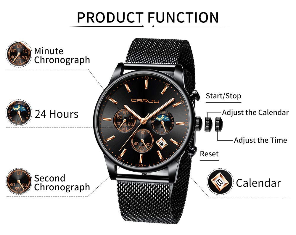 CRRJU Men Watch,Men Luxury Waterproof Unique Designed Watches 3-Sub Dial Date Mens Mesh Band Stopwatches