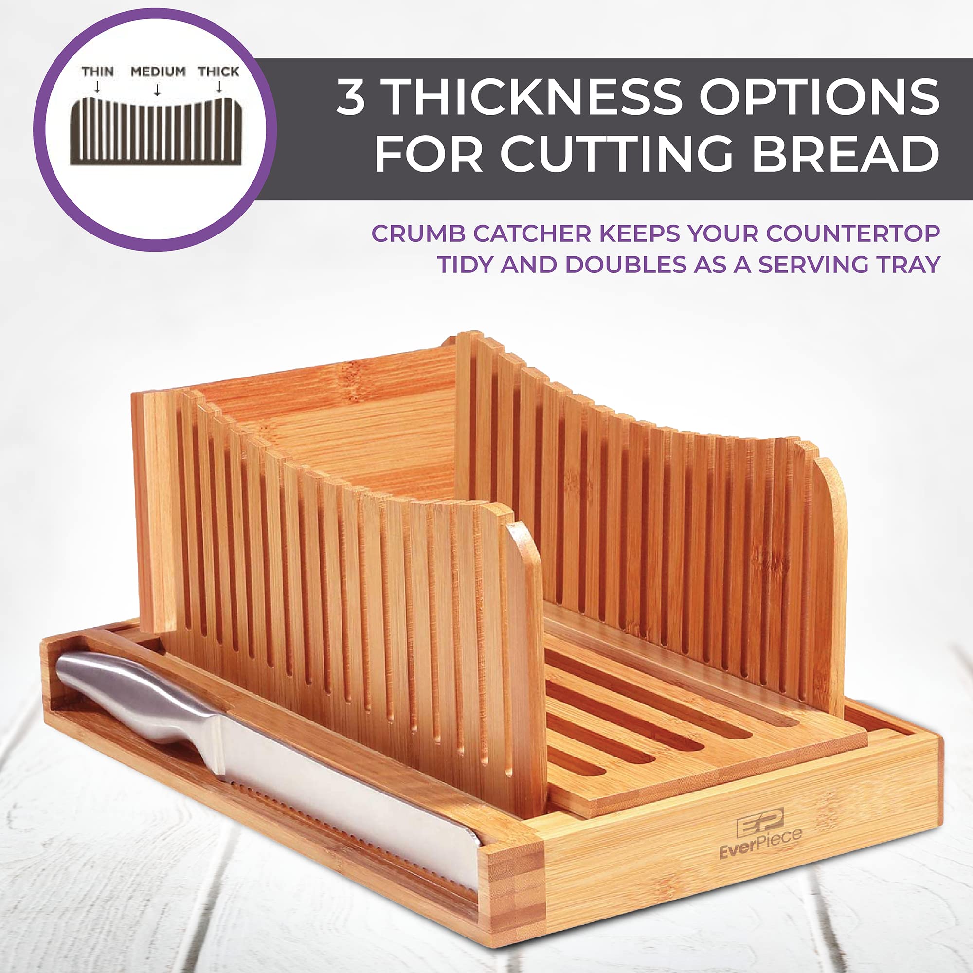 EverPiece Bread Slicer for Homemade Bread, Bamboo Bagel and Bread Slicing Guide with Crumb Tray and Knife Has 3 Thickness Settings, Folds Flat for Easy Storage with Bread Making Tools and Supplies