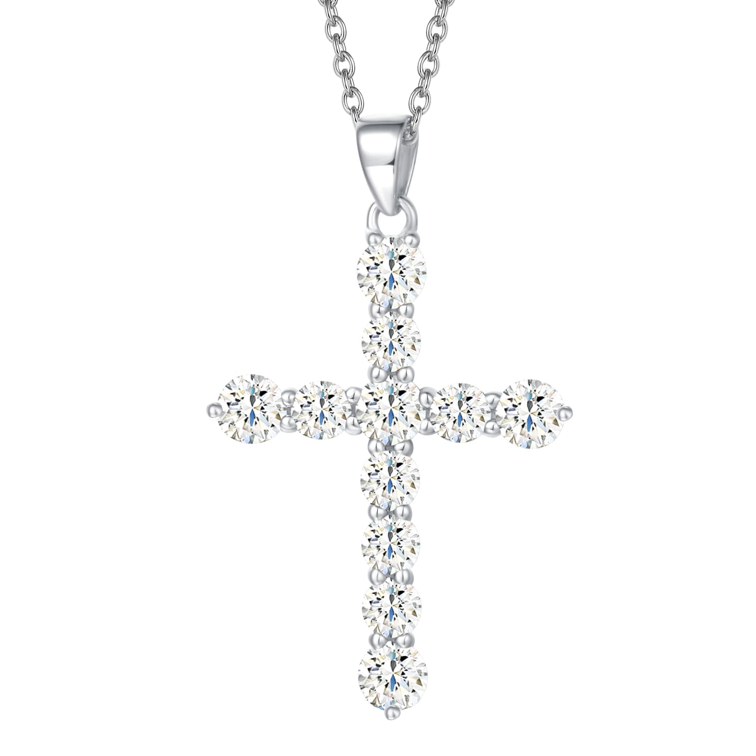 Cross Necklace For Women Sterling Silver 3 Prong Setting Cubic Zirconia CZ Simulated Diamond Latin Cross Pendant Necklace for Women with 18 Inch Sterling Silver Chain