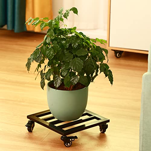 Large Metal Square Plant Caddy with Wheels 13.6β Iron Wrought Rolling Plant Stand with Casters Heavy-Duty Plant Dolly for Indoor and Outdoor Plant Pot Roller Base Square Plant Movers, Glossy Black