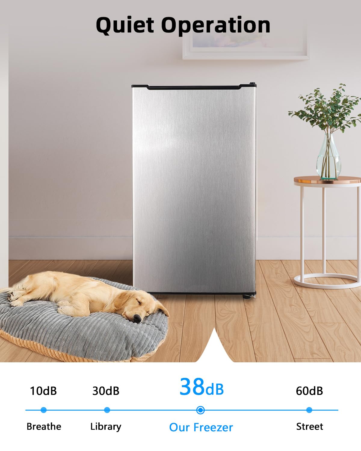Geekman Upright Freezer, 3.2 Cu.ft Mini Freezer with Removable Shelves, 3-Level Adjustable Thermostat, Perfect for Home, Dorm, Office, Garage, Silver Color