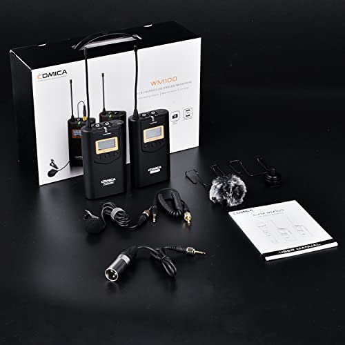 comica CVM-WM100 - Wireless Microphone System for Cameras, Camcorders, Smartphones, Laptops, Professional UHF 48-Channel Wireless Lavalier Lapel Microphone for Video Recording Interview Youtubers