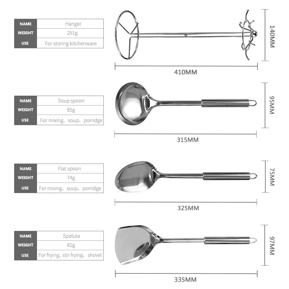 DCOT 13 Pcs Stainless Steel Kitchen Utensils Spoon Skimmer Shovel Spatula Meat Fork Whisk Cooking Utensils Tableware