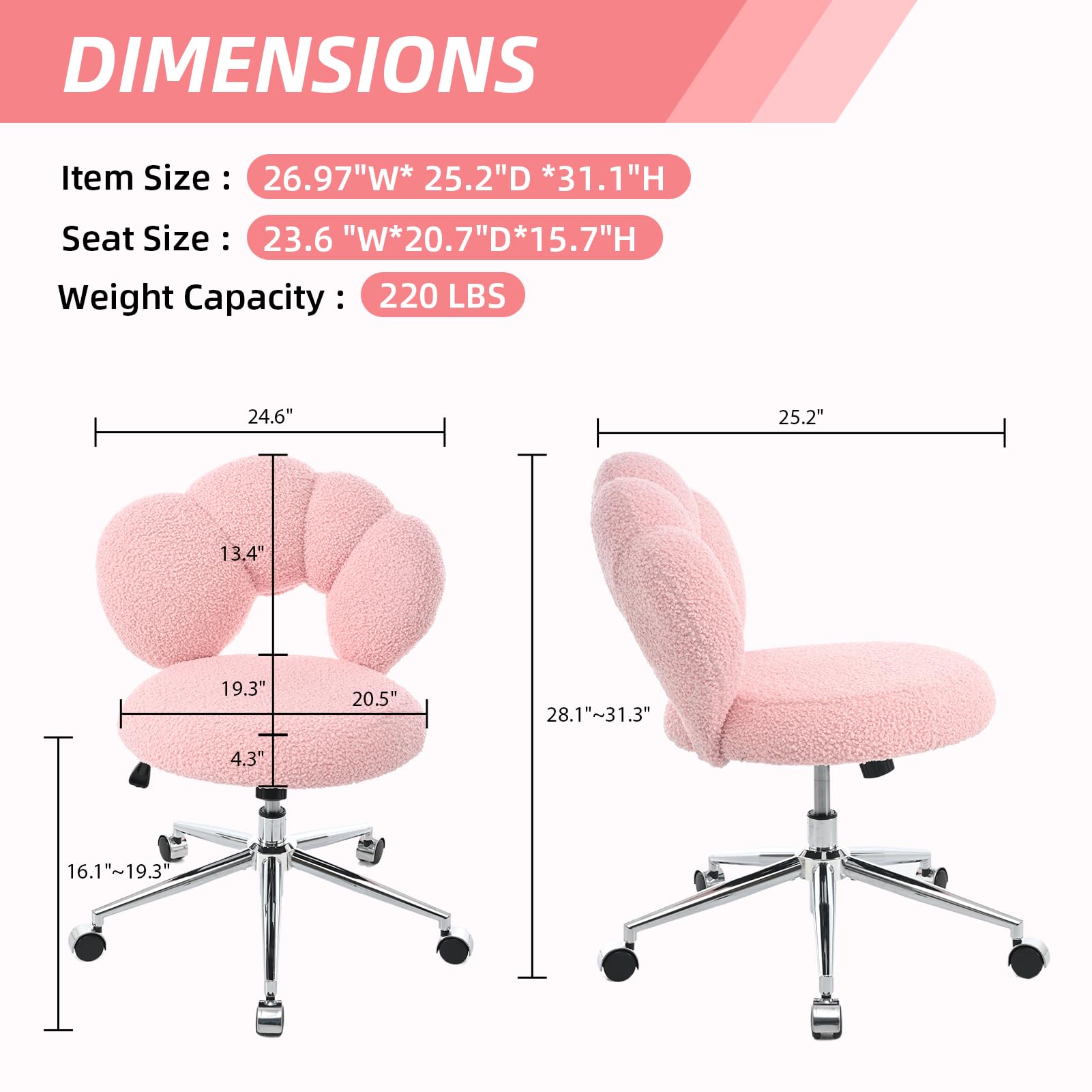 Home Office Chair Criss Cross Chair with Wheels, Upholstered Chairs with 360 Swivel, Height Adjustable Swivel Computer Task Chairs for Living Room, Bedroom, Vanity, Study(Pink)