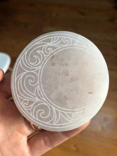 CrystalsAhoy Ethically Mined, Locally Etched 3" Selenite charging plate etched with crescent moon design, Ethically Sourced Selenite Etched in the USA
