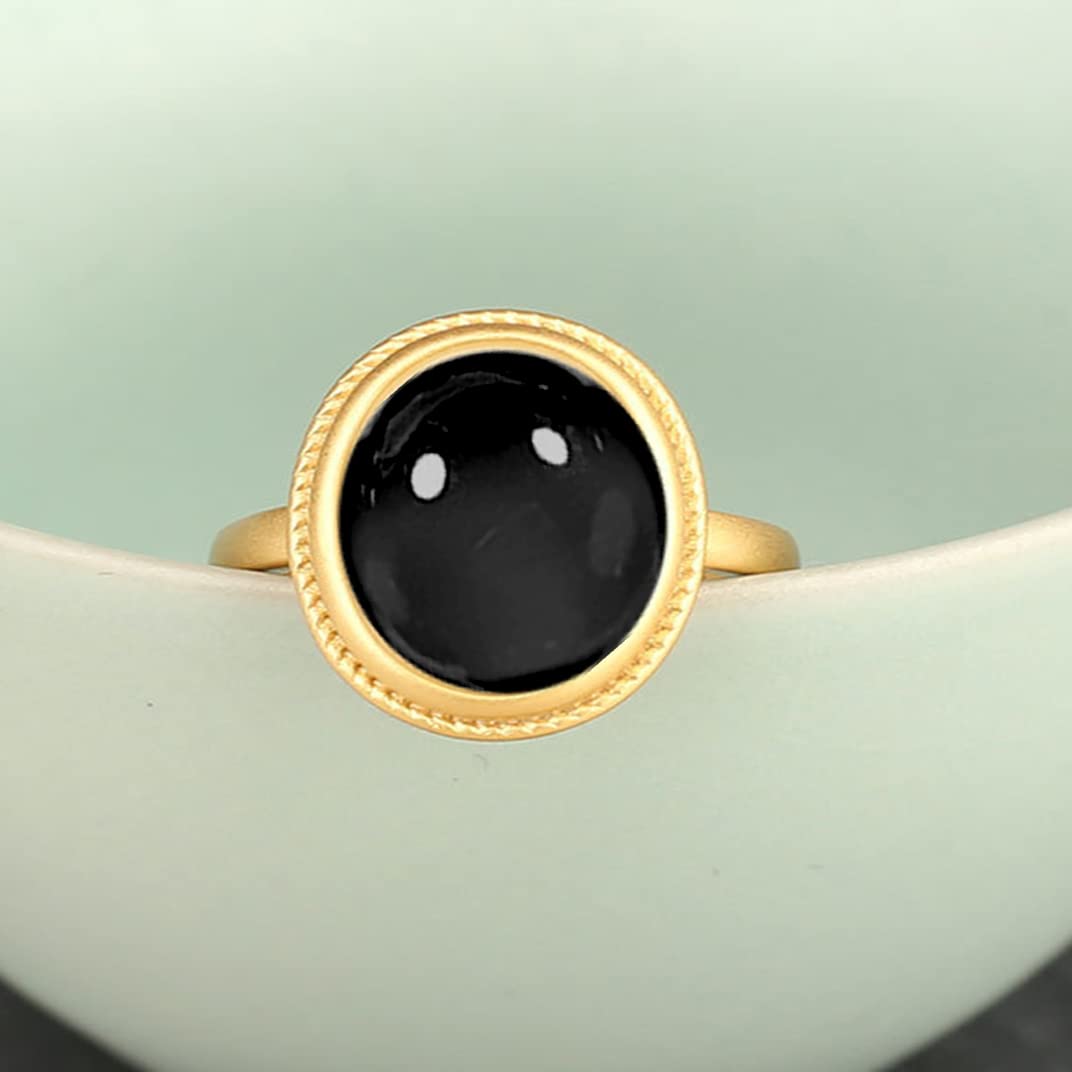DALEGEM Women 14K Gold Natural Round Agate Onyx Stone Ring,Real Genuine Crystal Quartz Gemstone Stone Ring Jewelry for Women (Stone_C, Adjustable)
