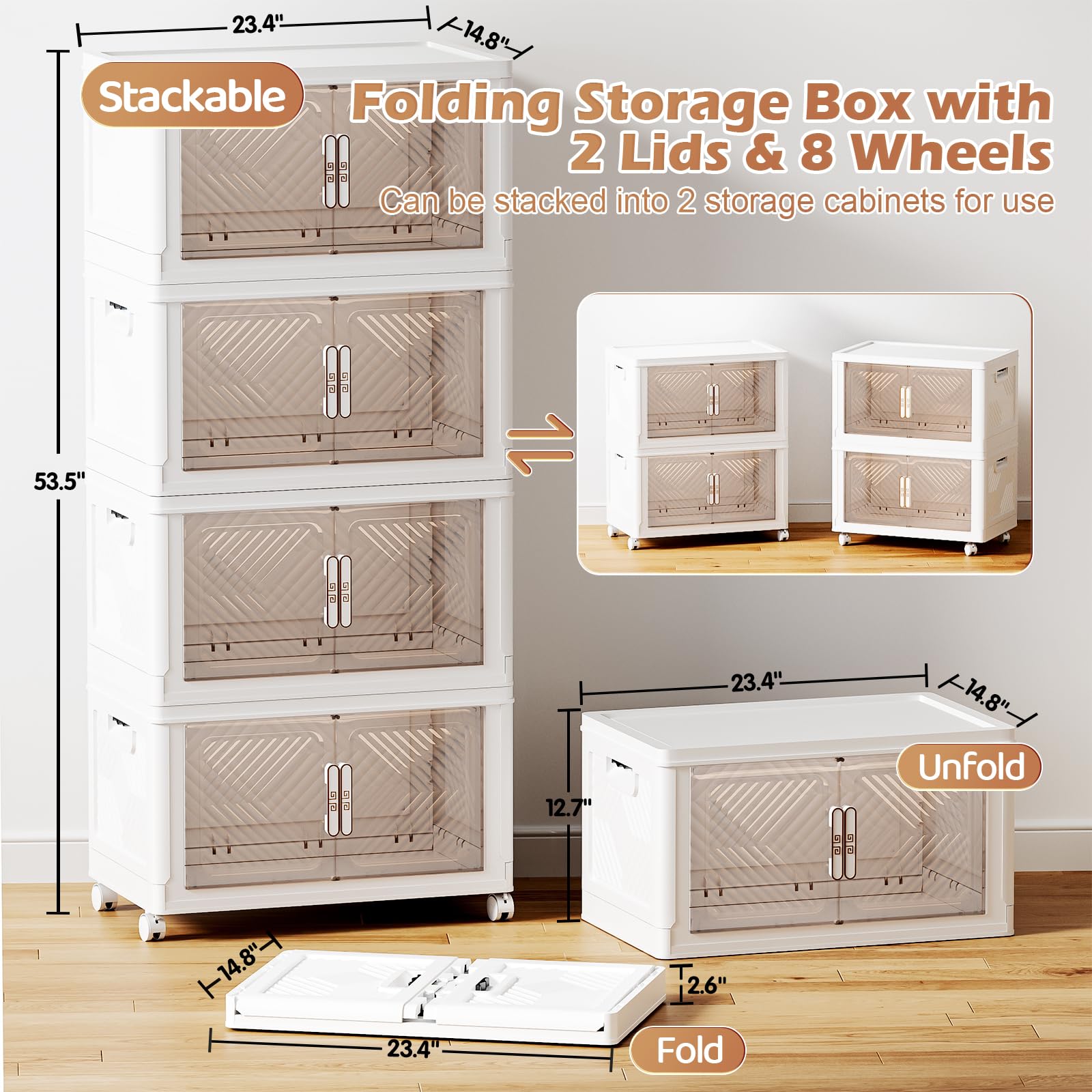 Foldable Storage Bins with Lids 76QT, Stackable Storage Containers with Wheels and Magnetic Doors, Plastic Clothes Closet Organizers and Storage Box for Room, Pantry, Home and Office (4 Pack)