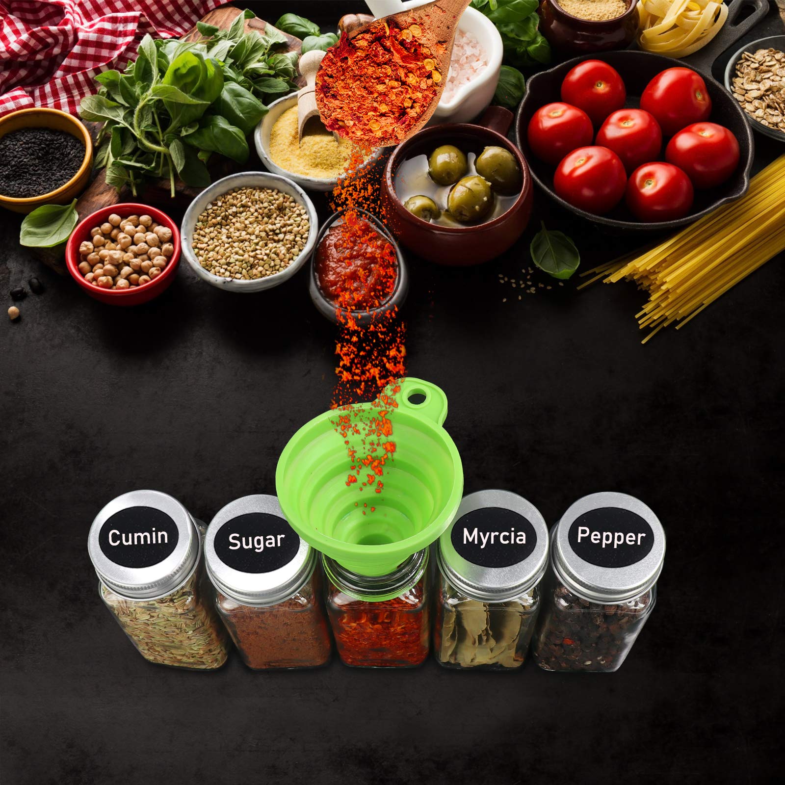 DHSBTLS 6oz Glass Spice Jars with Labels 30 Pcs, Empty Square Spice Bottles with Shaker Lids and Airtight Metal Caps,Chalkboard Marker and Silicone Collapsible Funnel Included