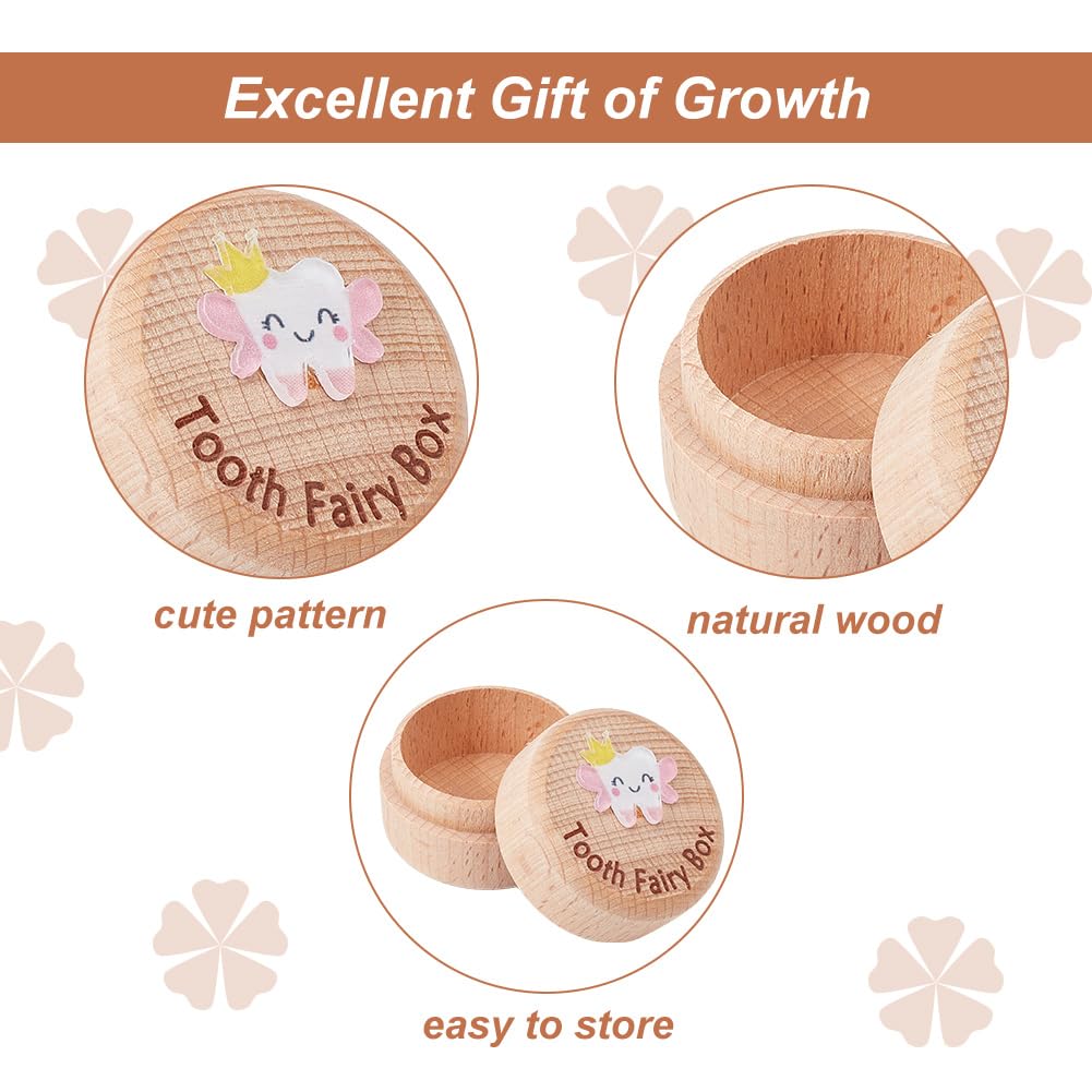 GOMAKERER 1 Set Tooth Fairy Box, Wooden Tooth Storage Box, Cute Tooth Keepsake Storage Box with Burlap Packing Pouches, First Lost Deciduous Teeth Collection for Gift