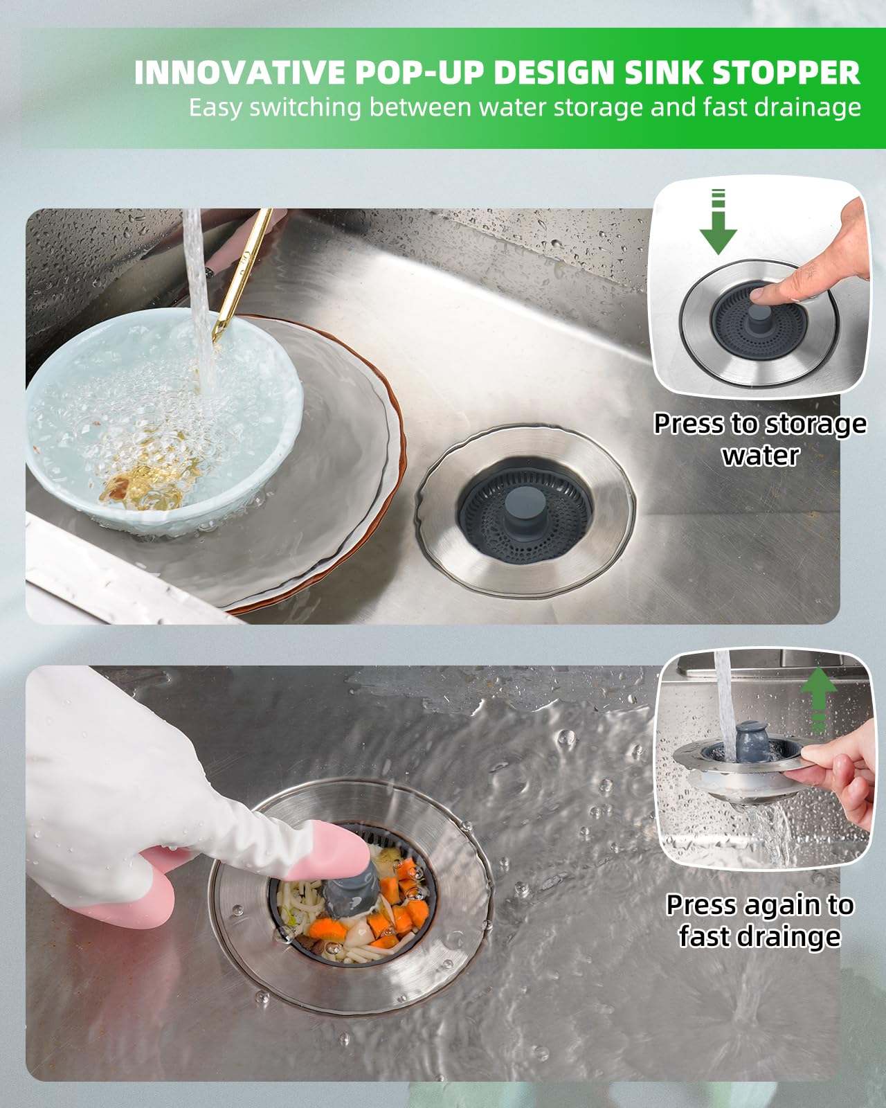 Hibbent Universal 3 in 1 Metal Kitchen Sink Drain Strainer, Upgraded Stainless Steel Drain Stopper Combo, Pop Up Sink Stopper, Anti-Clogging Basket Strainer with Handle for US Standard 3-1/2" Drain