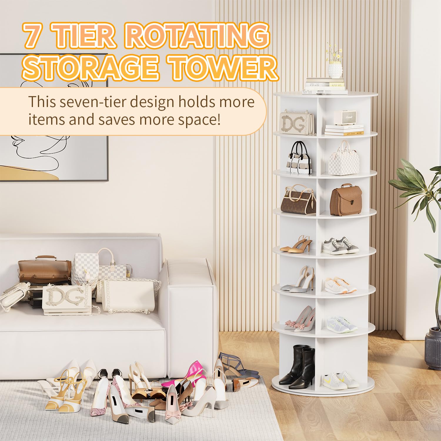 GOOFCXO 7 Tier Rotating Shoe Rack Tower, 360° Revolving Free Standing Shoe Organizer High Bottom Design Shoe Tower Spinning Storage Lazy Susan Multifunctional Rotate Shoes Closet Organization (White)