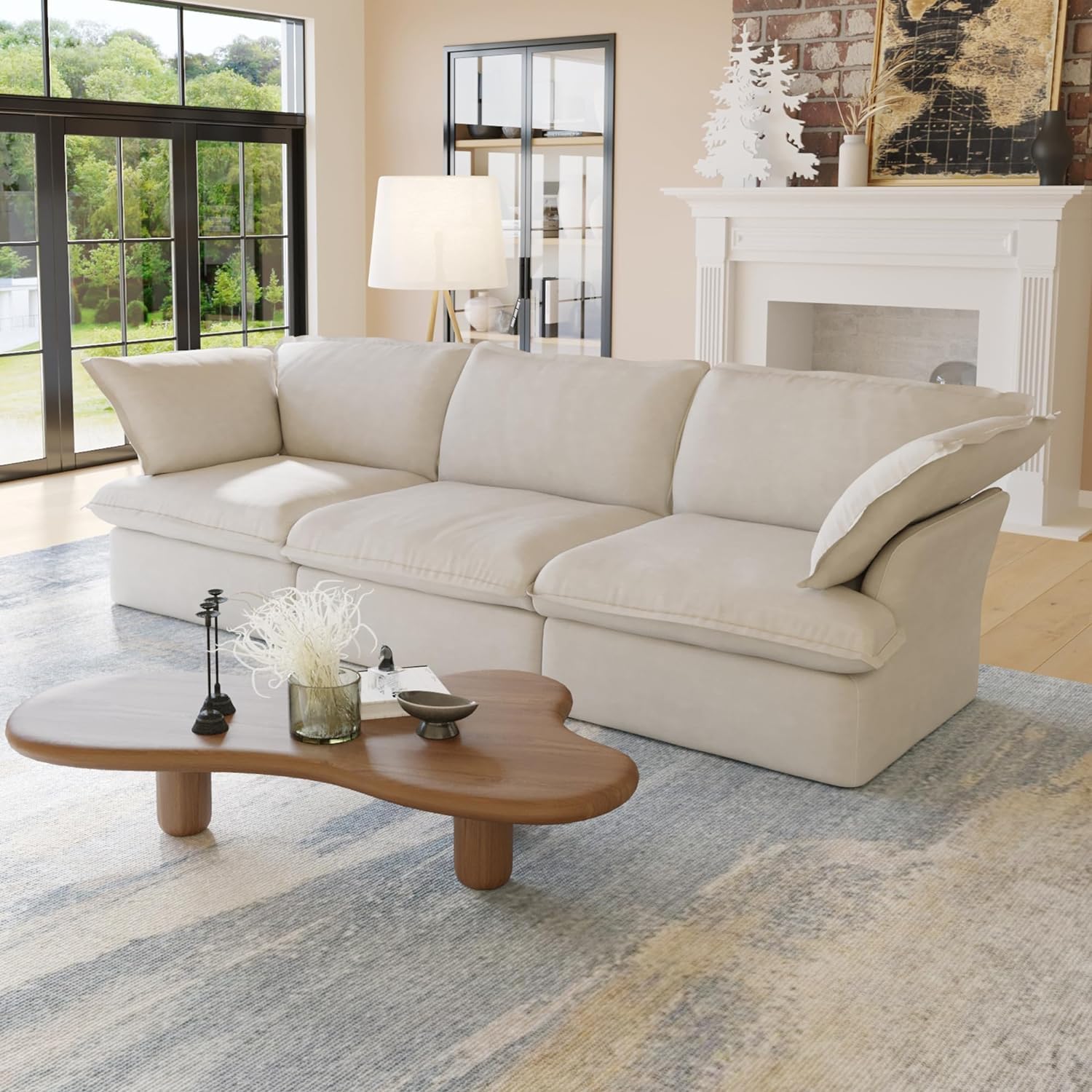JACH 122.82" Cloud Modular Sectional Sofa for Living Room 3 Seats, Comfy Convertible Sectional Sofas Couches, Cushion Covers Removable, Two Corners and One Middle Sofa for Living Room (Beige)
