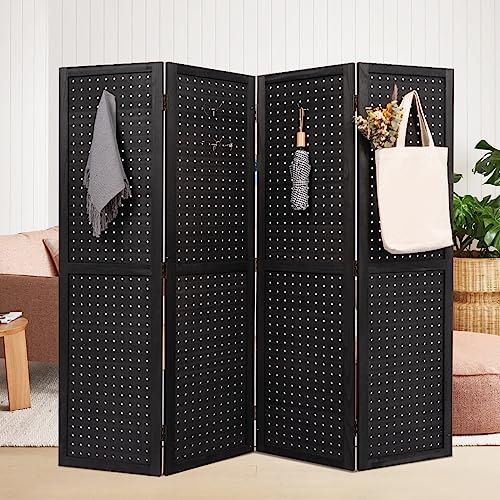JVVMNJLK 4-Panel Pegboard Display Room Divider, Wood Folding Privacy Screen Freestanding Display Board Organizer for Retail, Craft Show, Art Display，Black