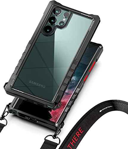 GOOSPERY Z Bumper Compatible with Galaxy S22 Ultra Case [Free Strap Included] Shock Absorbing Dual Layer Structure TPU Edge Crystal Clear PC Back Cover with Shoulder Strap - Black