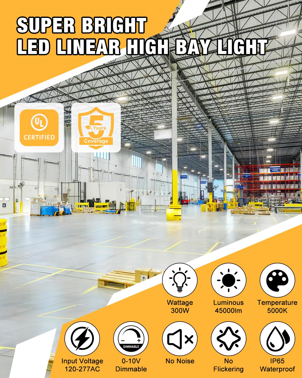 JC-LGL 300W LED Linear High Bay Light with PIR Sensor,LED High Bay Shop Lights Fixture, Compatible with Industrial 120-277V, LED Linear High Bay Light for Shop Garage Warehouse