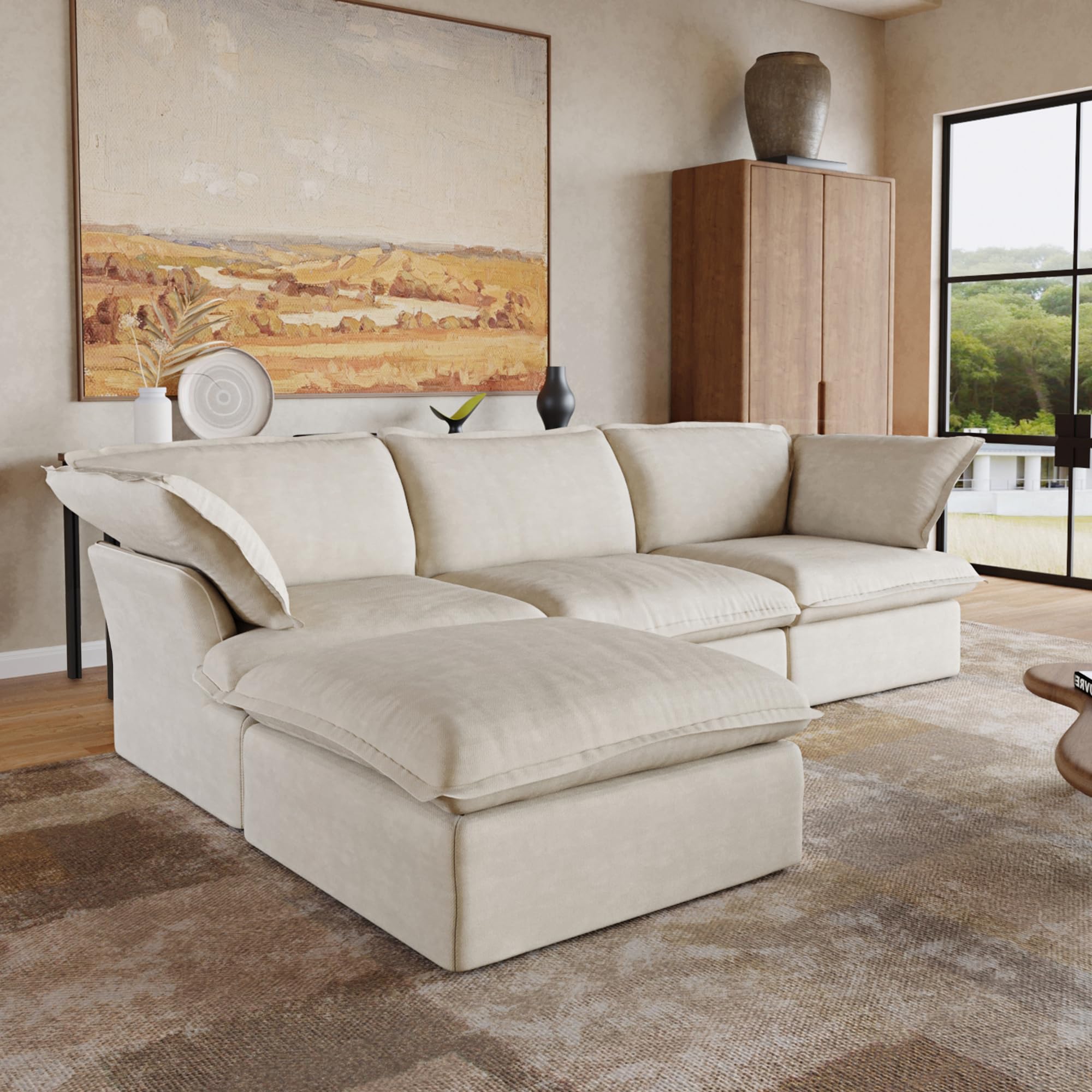 JACH L Shape Sectional Couches, Deep Couch Sectional Sofa with Chaise Ottoman, Modern Modular Sectional Sofas, Cushion Covers Removable, Two Corners and A Middle Sofa for Living Room (Beige)
