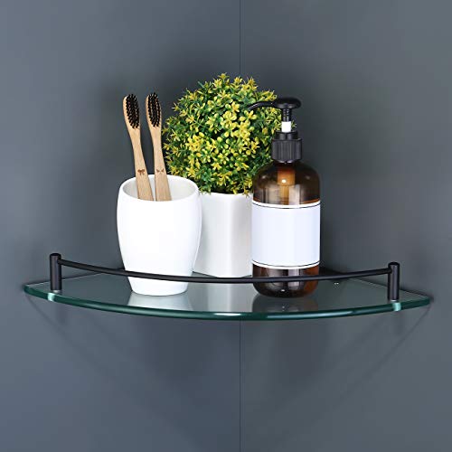 KES Glass Corner Shelf Bathroom Shelf Tempered Glass with Rail SUS 304 Stainless Steel Floating Wall Mount Bracket Matte Black, BGS2101A-BK