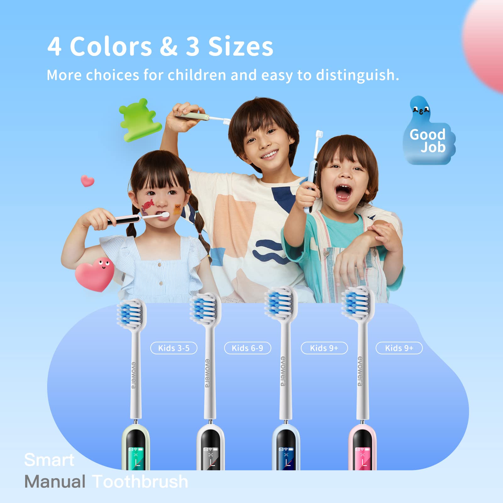 evowera Smart Manual Toothbrush for Kids, Uncleaned Area & Pressure Reminder, Coaching App, Color Display, WiFi Compatible, Soft Bristle, Timer, Message Function, BPA Free, Age 6-9, Blue Toothbrushes