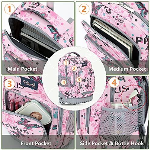 NEW TILAMI Rolling Backpack for Kids, Cute 18 Inches Boys Wheeled Laptop Backpack for Girls Travel School Student Trip Bag, Pink Paris