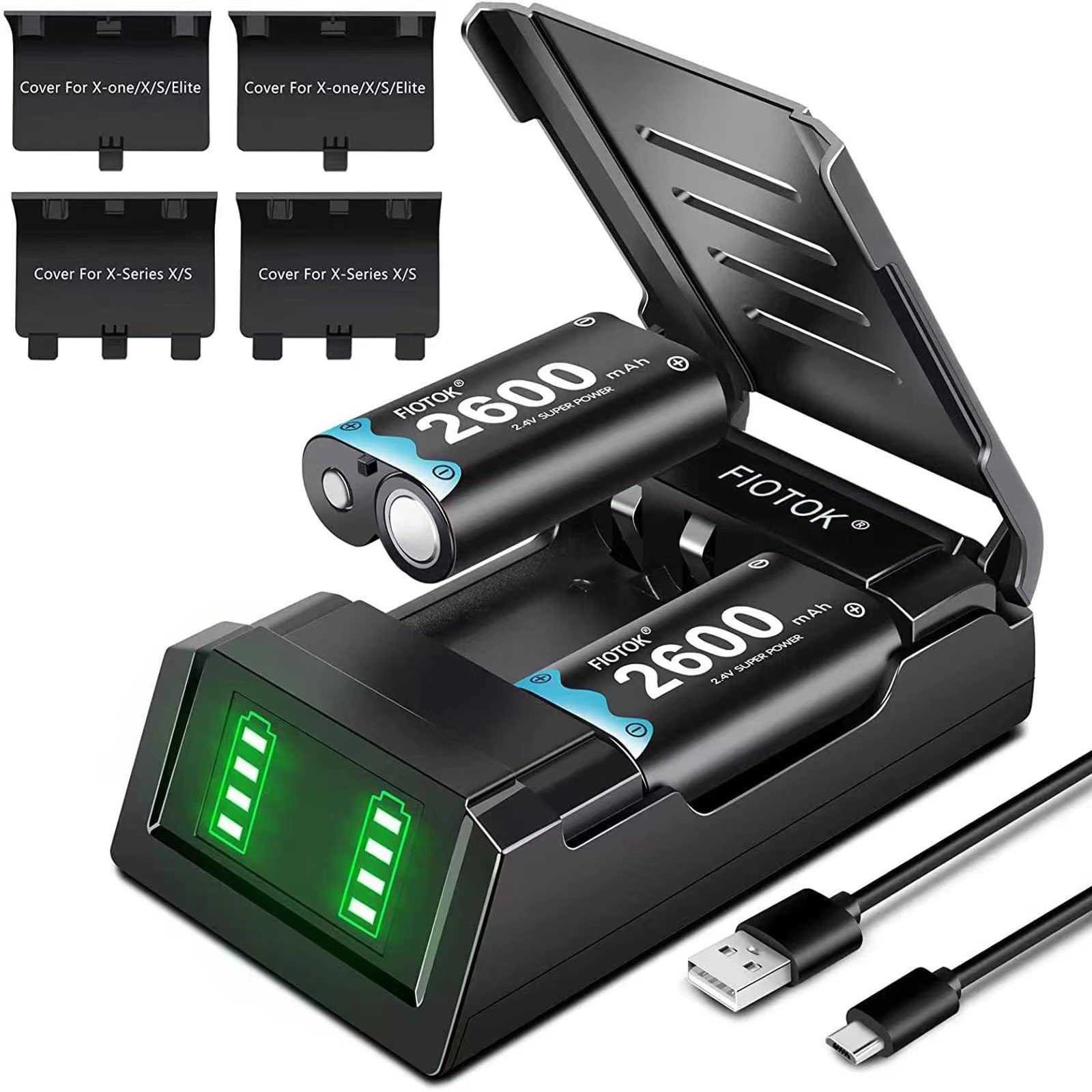 Charger for Xbox Controller Battery Pack, FIOTOK 2x2600 mAh High Capacity Xbox Rechargeable Battery Pack with Fast Charger Station, Led Indicator,4×Battery Cover for Xbox One/S/X/Elite/Series X|S