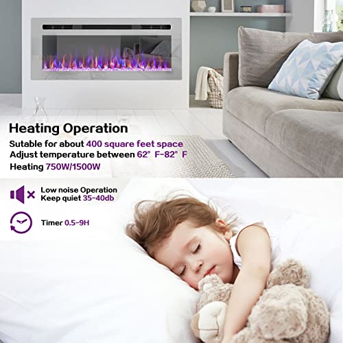 Ooiior 31 Inch Electric Fireplace with Remote Control, Recessed and Wall Mounted Ultra-Thin Fireplace Heater and Linear Fireplace, with Timer, Adjustable Flame Color, 750/1500W
