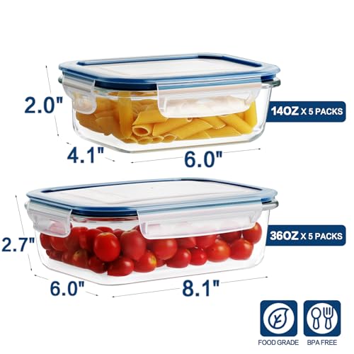 HOMBERKING 10 Pack Glass Meal Prep Containers, Glass Food Storage Containers with Lids, Airtight Glass Lunch Bento Boxes, BPA-Free & Leak Proof, 36oz & 14oz (10 lids & 10 Containers) - Blue