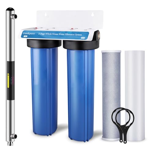 Geekpure 3 Stage Whole House Water Filter System with 4.5 x 20 Inch Housing 5 Micron PP Sediment + Carbon Filters +12 GPM UV Filter-1 Inch Brass NPT Port