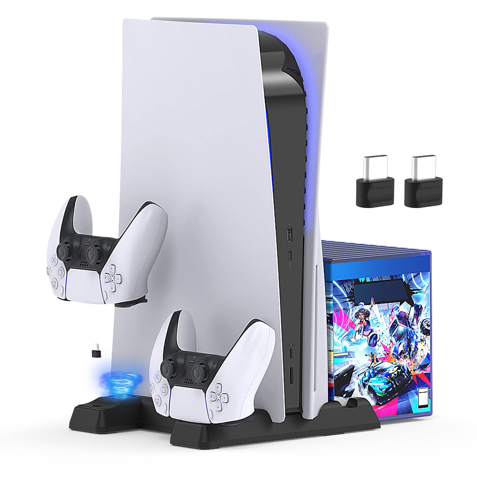 Charging Stand with Cooling Fans for PS5 Disc/Digital Edition Console, Dual Controllers Charger, Built-in 11 Game Rack Organizer