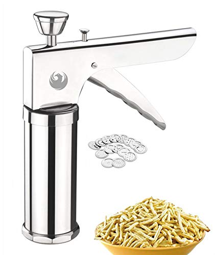 Finaldeals Stainless Steel Sancha Press Sev Murukku Maker Snacks & Namkeen With 6 Icing Nozzles & 15 Sieves Jali