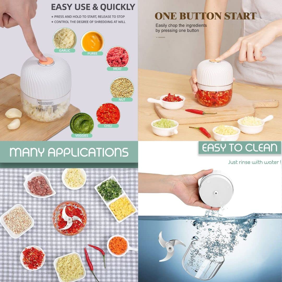 DE'VELO 350ml Electric Garlic Chopper, Portable Cordless Mini Food Processor, Rechargeable Kitchen Vegetable Chopper Blender for Nuts Chili Onion Minced Meat and Spices BPA-Free(White)