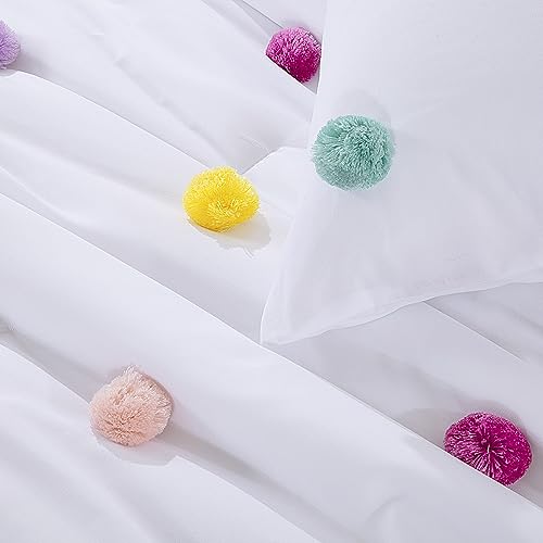 HOMBYS Pom Poms Bedding Comforter Set for Girls, 5 Piece White Pink Boho Kids Comforter Set for All Season,Full/Queen Size