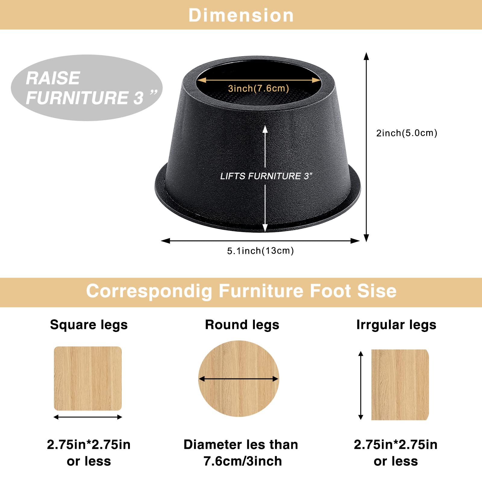 Tocawe Set of 9 Bed Furniture Riser 2", Round Dorm Bed Frame Riser,Heavy Duty Furniture Riser with Non-Slip Foam Pads for Bed, Desk, Chair, Sofa Table, Sofa Lift, Black