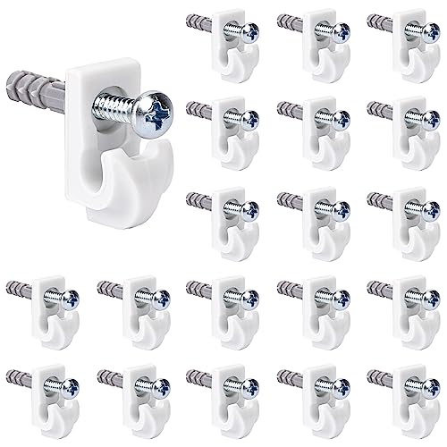 KALIONE 20 Packs Shelf Clips,Wire Shelf Clips,Closet Shelves Wall Mounted,White Loop Wall Clips,Wire Shelving Clips,Heavy Duty Fixed Clips with Screws Expansion Tubes for Wire Shelving Installation