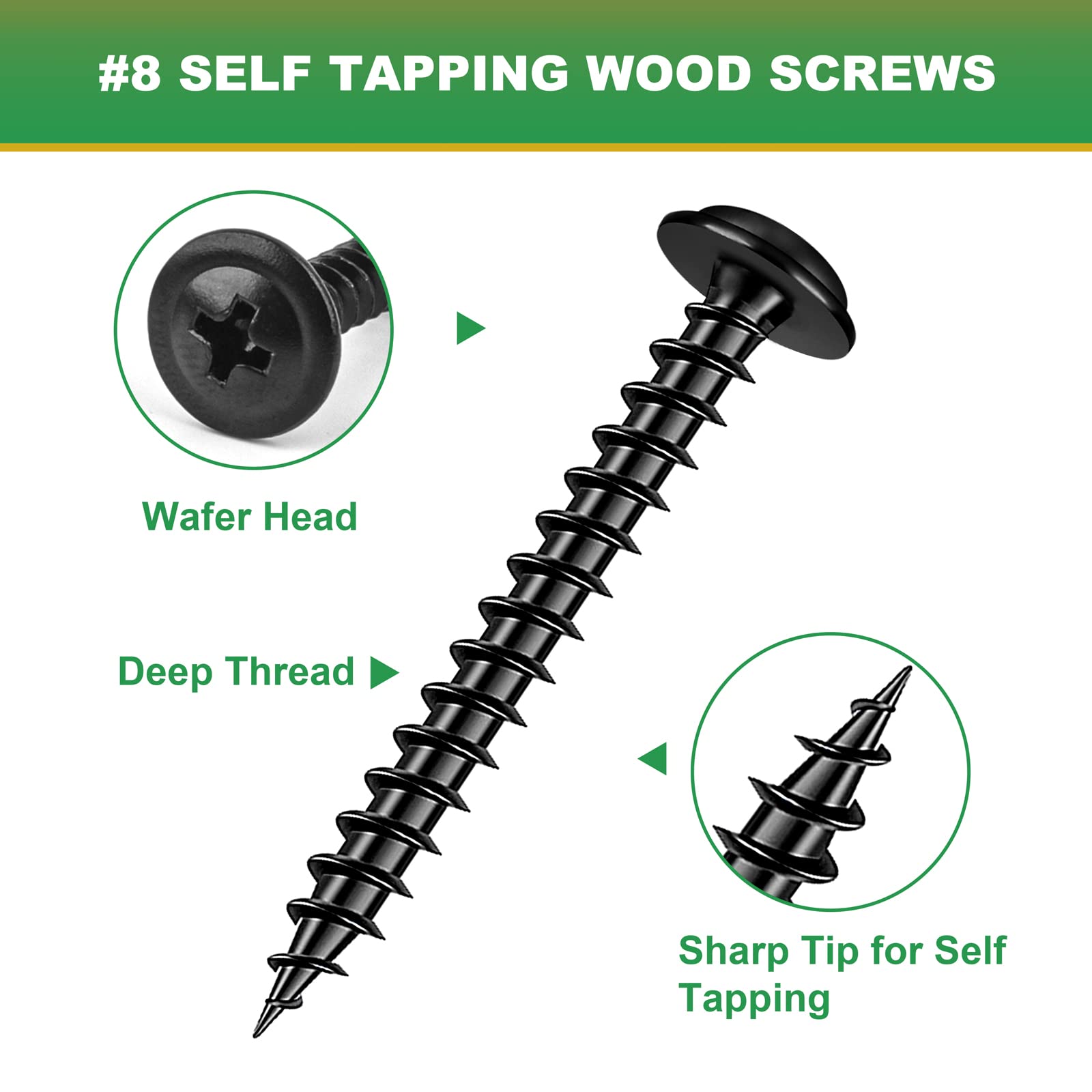 FOLIV 340PCS Black Wood Screws, 8 Phillips Modified Truss Head Self Tapping Screws Kit, Black Phosphate Steel, 7 Length Included