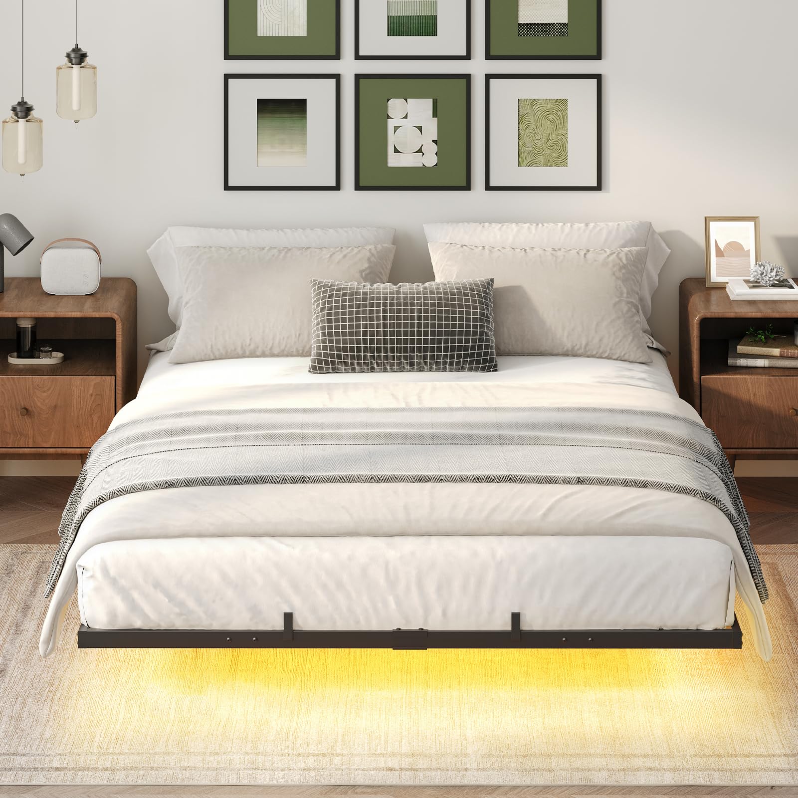 HOOBRO Floating Bed Frame King Size, Bed Frame with Charging Station and LED Lights, Industrial Style Metal Platform King Bed, Soundless, No Box Springs Needed, Black