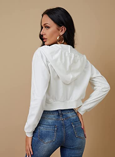milanpavilion Women's Zip Up Hoodies White Cropped Cardigan Jacket Drawstring Hooded Sweatshirts Casual Long Sleeve Top