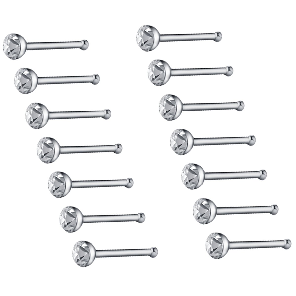cnomg 1 Set 40pcs Surgical Steel Nose Rings Hypoallergenic Nose Bone Studs Crystal Body Piercing Jewelry Nose Studs Rings 1.7 MM Silver White