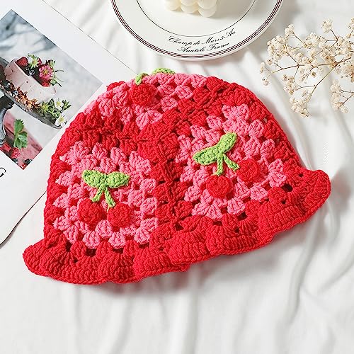 Fiewmay Crochet Bucket Hat for Women Handmade Floral Hat Portable Knitted Elastic Cute Beach Hat for Vacation Traveling(Cherry Red)